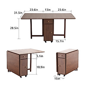 COMUHOME Extendable Drop Leaf Foldable Dining Table with 2 Drawers and 4 Wheels for Living Room Kitchen Farmhouse Space Saving Table in Walnut