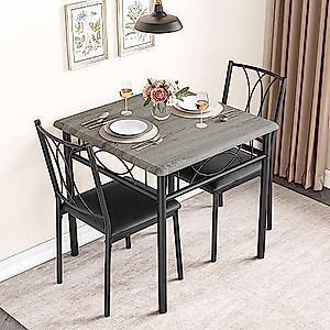 IDEALHOUSE 3 Piece Kitchen Table Set, Dining Table and Chairs for 2, Metal and Wood Square Dining Room Table Set with 2 Upholstered Chairs, Dining Table Set for Small Spaces, Apartment, Rustic Gray