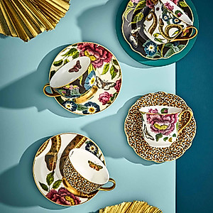 Spode Creatures of Curiosity Collection Coupe Teacup and Saucer Set, Black Floral Mug and White Floral Saucer, Gold Rim, 6.7 oz, Made of Fine China, Specialty Coffee Drinks, Lattes, and Tea