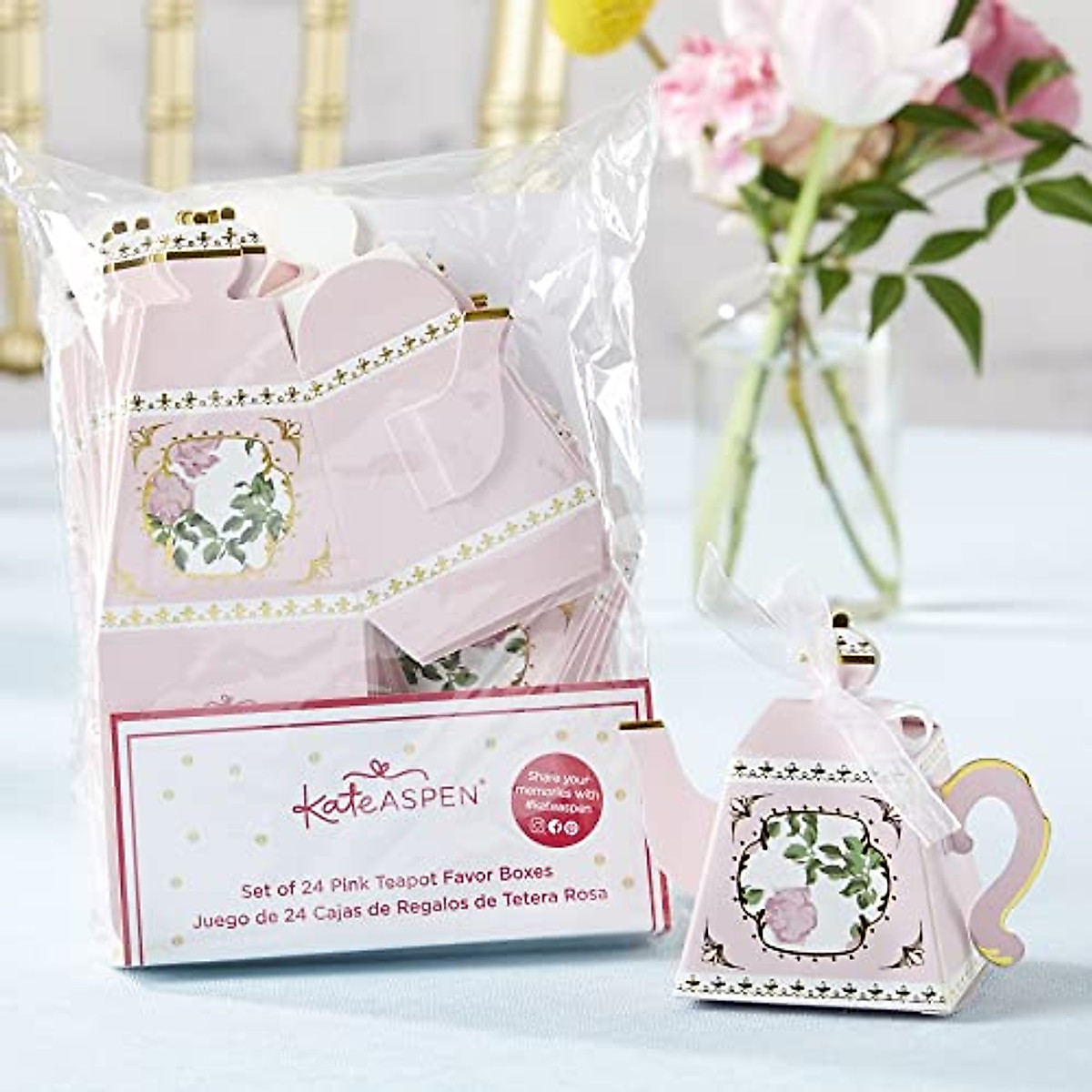 Kate Aspen, Tea Time Whimsy Collection, Teapot Tea Party Favor Box (Set of 24), One Size, Pink & Gold Foil (28592PK)