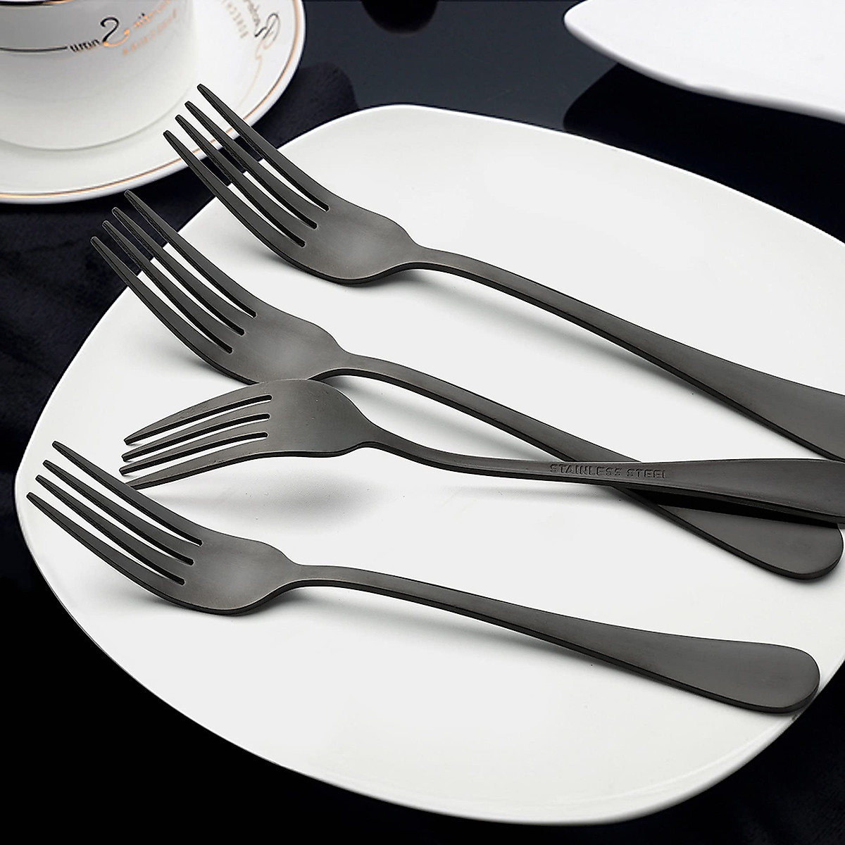 LIANYU Black Salad Forks Set of 12, Stainless Steel Silverware Flatware Forks, Appetizer Dessert Forks for Home Restaurant Wedding Party, Mirror Finish, Dishwasher Safe