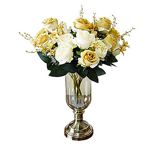 Sunlightam Artificial Flowers, Budding Fake Flowers 9 Heads Silk Roses Bridal Home Garden Office Dining Table Wedding Decor (White+Gold)