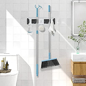 KINGTOP Broom Mop Holder Wall Mount Sturdy Space Aluminum Broom Organizer Rack with Hooks Great for Home Pantry, Kitchen, Garden,Garage & Laundry Tool Storage (2 Racks 3 Hooks Black)