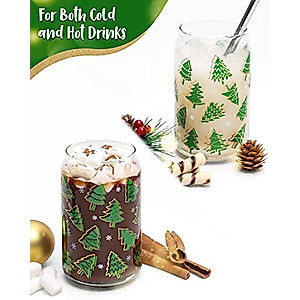 Nefelibata Christmas Cup with Bamboo Lid and Metal Straw 16oz Xmas Tree Beer Can Glass Iced Coffee Cups Drinking Glasses Smoothie Tumbler Mug Winter Holiday Party Gifts for Office Women Kids Men