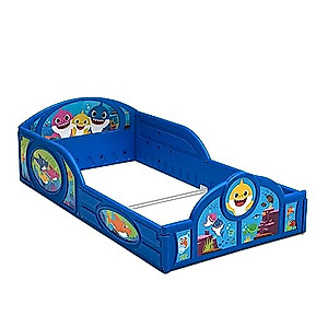 Baby Shark Plastic Sleep and Play Plastic Toddler Bed with Attached Guardrails by Delta Children, Blue