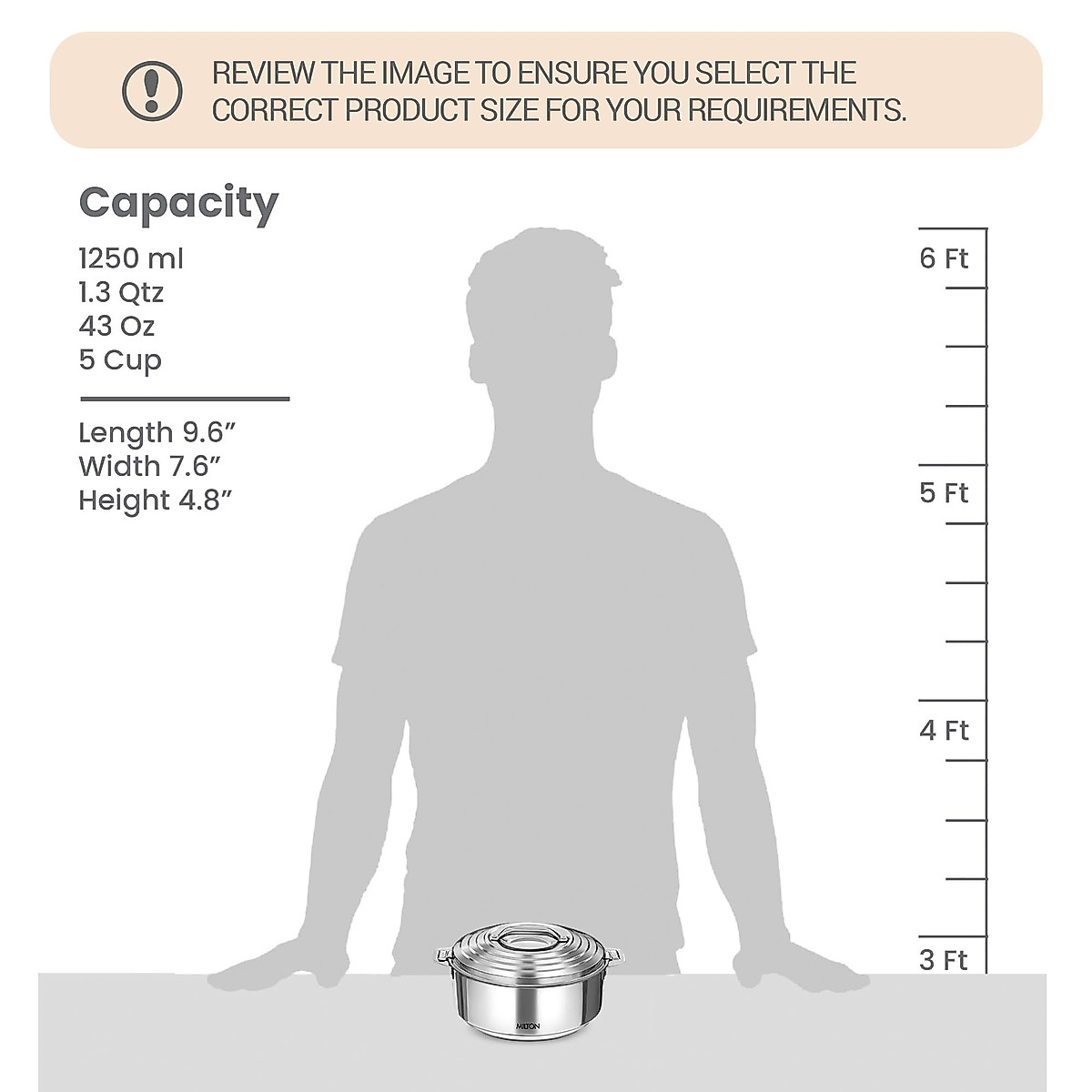 Milton Casserole for hot food, insulated stainless steel hot pot with lid, 40 oz (1200 ml) 1.26 qt, Serving box (bowl, dish) for food and roti Galaxia 1000 Food Warmer Cooler, Silver