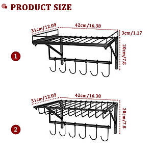 Clothink 2 Packs Wall Mounted Hanging Pots and Pans Organizer Rack with 12 Hooks,For Storage Pans,Pot Lids, Cooking Utensils, Plants and Toiletries in the Kitchen,Balcony or Bathroom
