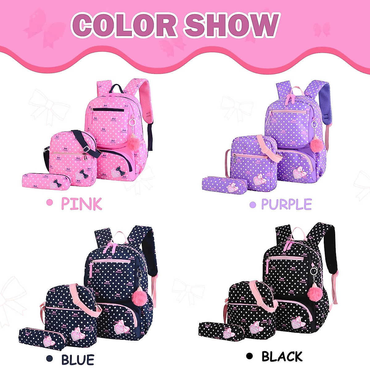 3Pcs Kids Backpack Bowknot Printed Daypack Girls 3 in 1 School Bag with Shoulder Bag and Pencil Bag