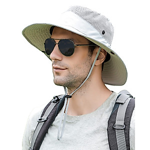 Koreshion Mens Womens Sun Hat Wide Brim Breathable Mesh UPF 50+ Bucket Hat Waterproof Fishing Hat Quick-drying Safari Hat Foldable Boonie Cap Outdoor Sun Protection Cap Light Gray