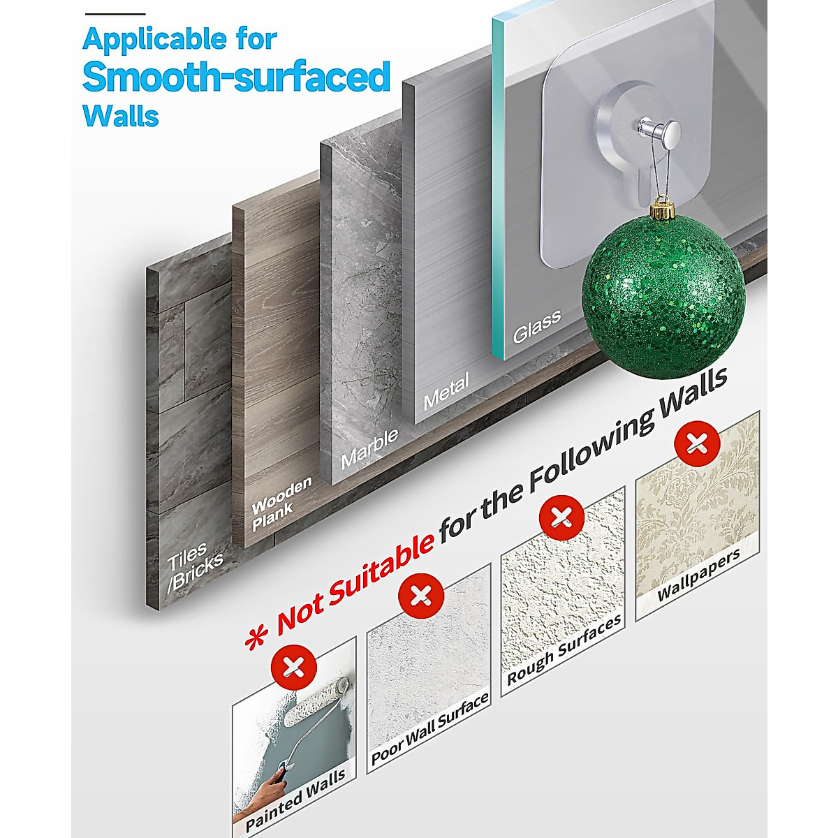 YOGEERNIC Adhesive Hooks for Wall(13lb Max), Wall Hangers Without Nails for Photos Frames, Utility Waterproof and Oil Resistant Hooks for Decorations and Bathroom Kitchen Racks -10 Pack