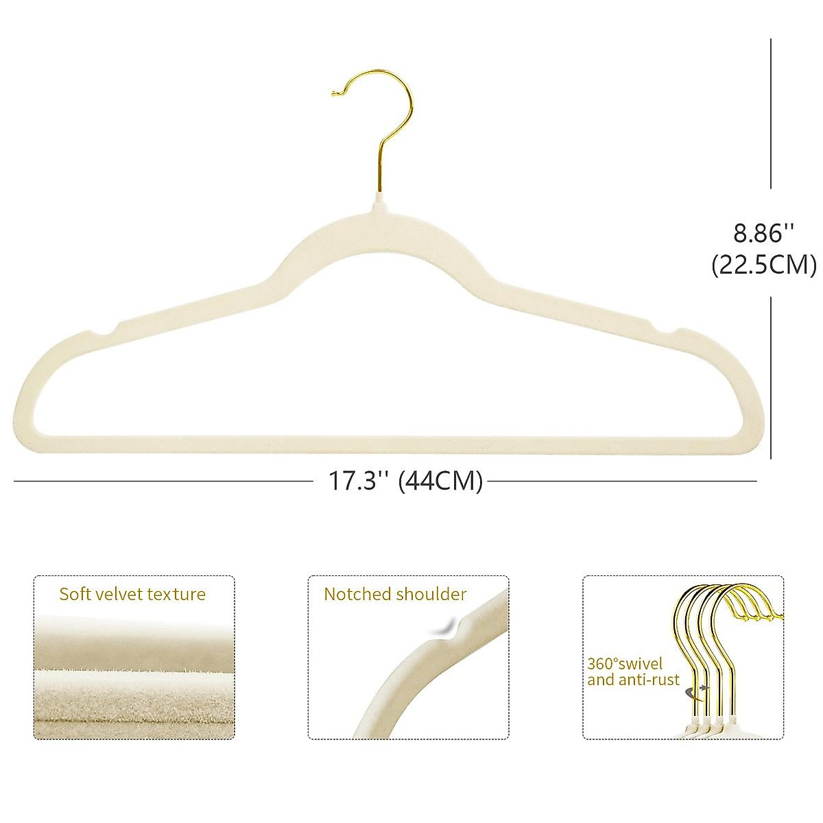 ManGotree Velvet Hangers, Coat & Suite Hangers, No-Slip Felt Hangers, Ultra-Slim Space Saving Hangers, Sturdy Clothes Hangers, 360° Swivel Golden-Plated Hook, 36 Pack (Beige)