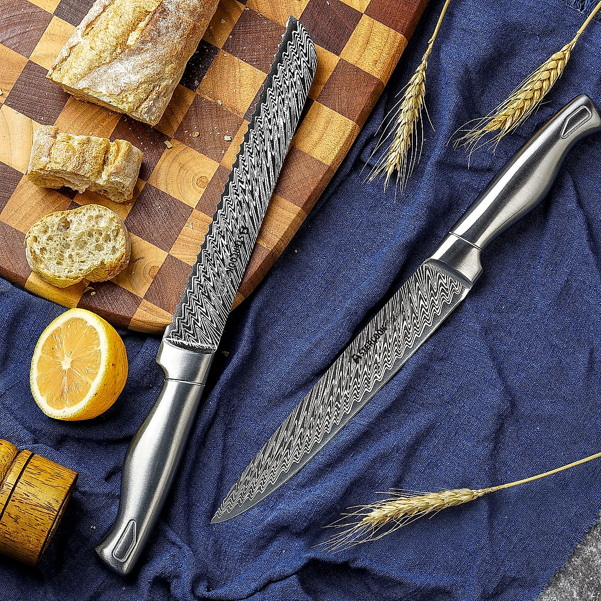 Knife Set, Damascus Kitchen Knife Set with Block, Built-in Knife Sharpener, German Stainless Steel Knife Block Set, Dishwasher Safe