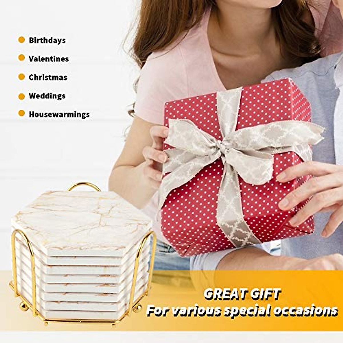 Marble Coasters for Drinks Absorbent with Cork Base, 8pcs Drink Coasters for Wooden Table with Metal Holder, Gold Ceramic Cup Coaster Set Rustic Home Decor for Living Room Bar - Housewarming Gifts