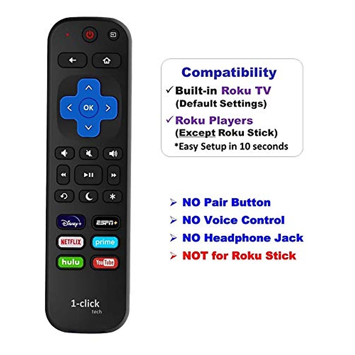 1-clicktech for【Roku TV & Roku Box】 Remote Control - TCL Hisense ONN Sanyo Sharp Hitachi Element Insignia Westinghouse LG JVC Magnavox Roku TV, w/ 12 Opt. Channels [NOT for Stick] (2 Pack Remote)
