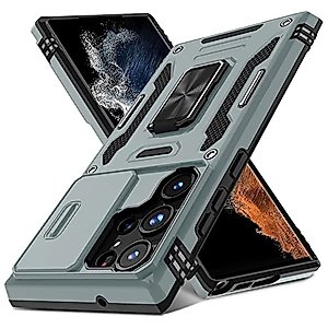 DEERLAMN for Samsung Galaxy S23 Ultra Case with Slide Camera Cover,Built-in Rotated Ring Kickstand [Full Camera Protection] [Military Grade] Heavy Duty Shockproof Protective Case Cover-Grey