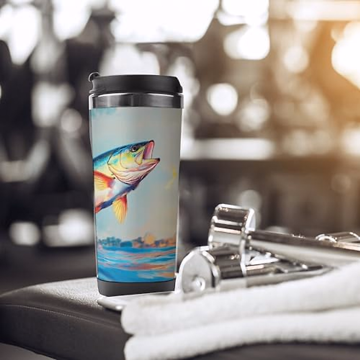 Bass Fishing Art Travel Coffee Mug Reusable Insulated Drinking Cup with Lid for Home Outdoor Works 13 Oz