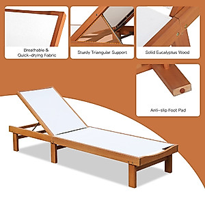 Tangkula Outdoor Wood Chaise Lounge Chair, Patio Chaise Lounger with 5-Postion Adjustable Back, Eucalyptus Wood Reclining Lounge Chair with Breathable Fabric for Poolside Lawn Backyard (2, White)