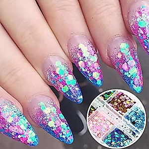 12 Grids Chameleon Nail Art Sequins Polygon Holographic Nail Supplies Bright Moving Nail Glitter Pattern Mermaid Nail Glitters Flakes Design 3D DIY Acrylic Nails for Women Manicure Powder Decorations