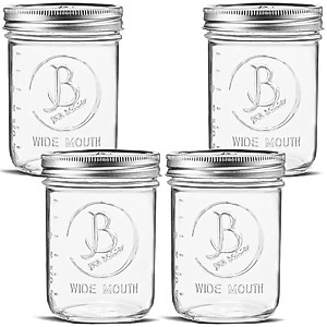 Wide Mouth Mason Jars 16 oz - (4 Pack) - Clear Glass Pint Mason Jars With Airtight Lids and Bands. For Storage, Canning, Fermenting, Meal Prep, Overnight Oats, Freezing, Microwave & Dishwasher Safe