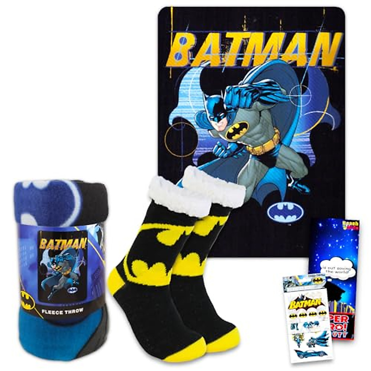 Detective Store DC Comics Batman Fleece Blanket Bundle - Batman Blanket Bundle with Batman Socks, Stickers and More for Kids Adults Children (Batman Bed) 45” x 60”