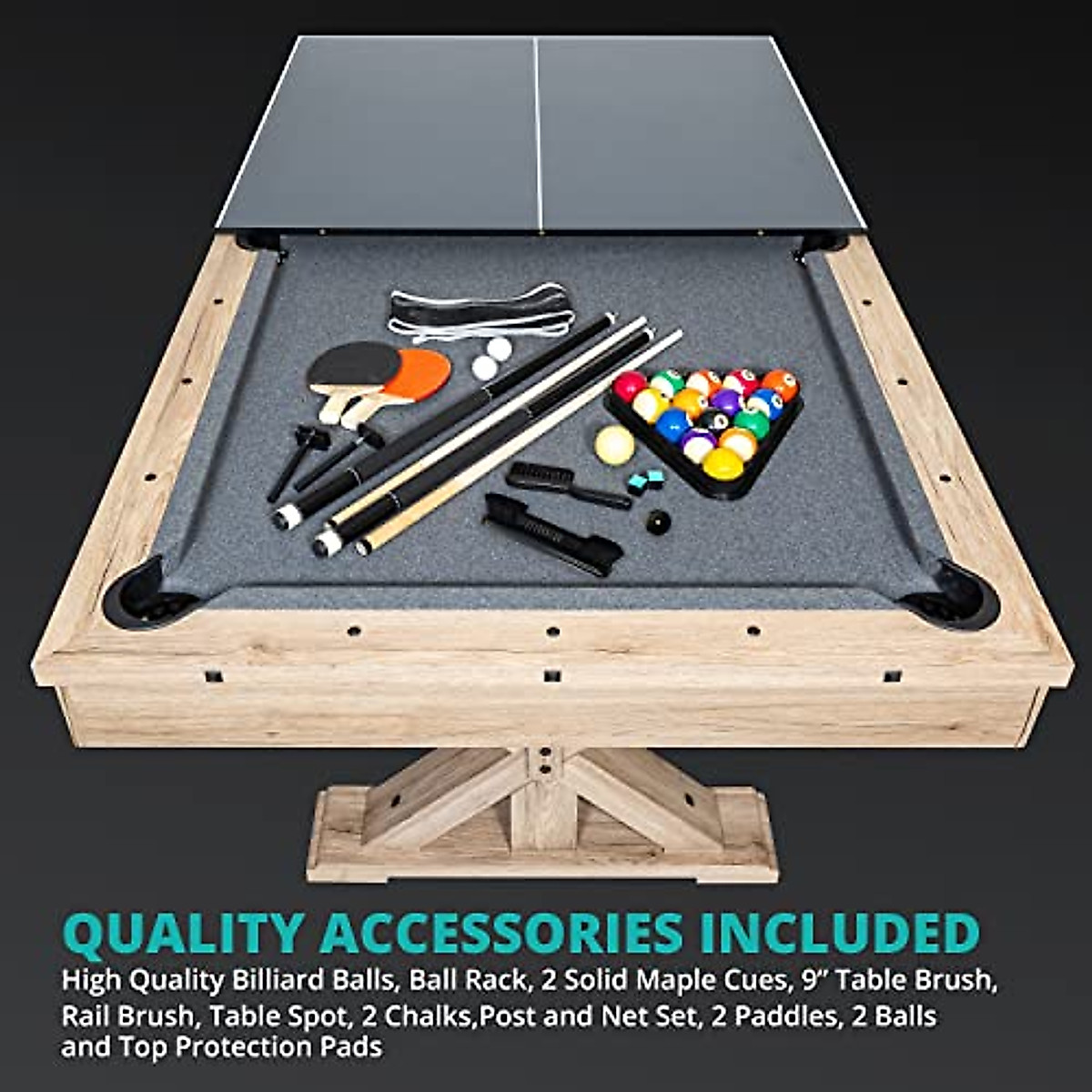 Freetime Fun Rockford 7-FT 3 in 1 Multi Game Featuring Pool Dining Table and Table Tennis Tables, Storage Benches and Upgraded Accessories Kit Included