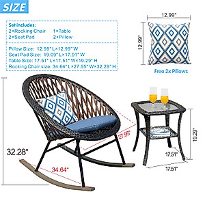 ovios 3 Piece Patio Rocking Bistro Set,Patio Outdoor Furniture, Porch Rocking Chairs Conversation Sets with Glass Coffee Table for Small Space,Deck,Terrace (Blue)