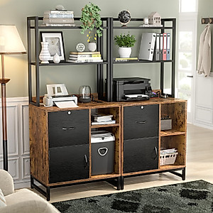 Homieasy Vertical Filing Cabinet with Lock & Charging Station, Large Drawer Wood File Cabinet with Bookshelf, Printer Stand with Open Storage Shelf, fits Letter Size for Home Office, Black and Rustic