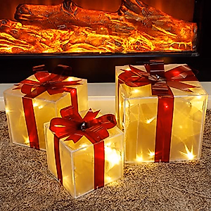 Twinkle Star Set of 3 Christmas Lighted Gift Boxes, Xmas Tree Skirt Ornament, Light Up Indoor Outdoor Pathway Present Box Holiday Party Yard Decorations