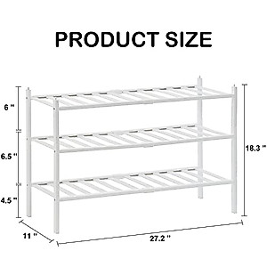 Quiqear Bamboo Shoe Rack, 3 Tier Shoe Rack Organizer, Stackable & Durable Shoe Shelf Holder, Free Standing Shoe Racks, Shoe Storage Organizer for Entryway, Closet, Hallway, 27.2*11*18.3inch (White)