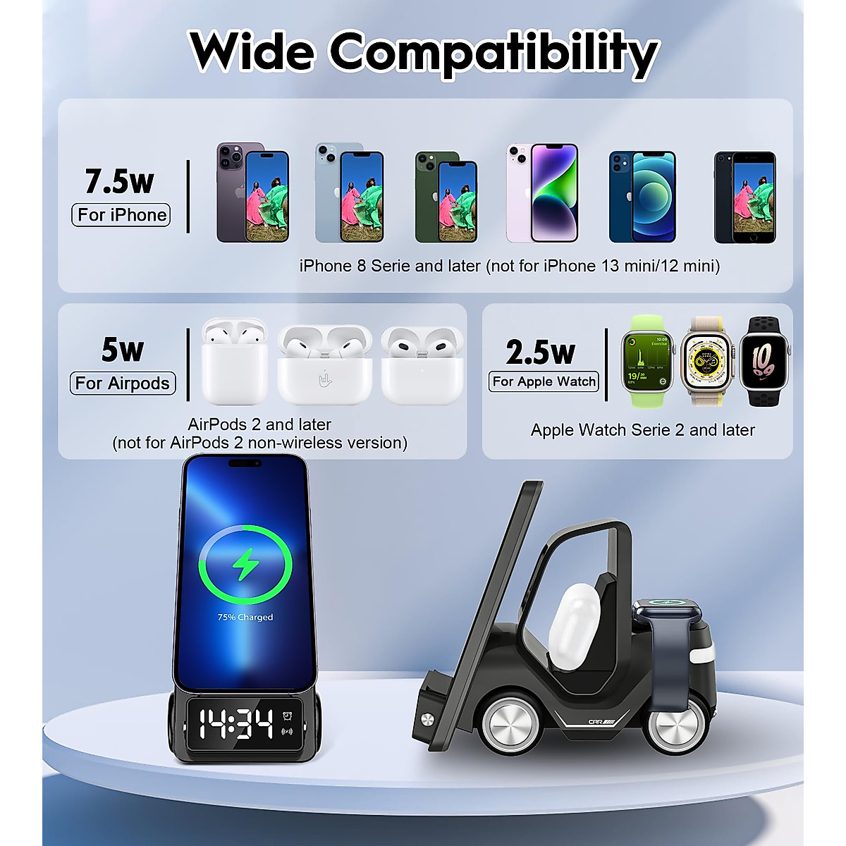 QFUP Forklift Wireless Charger Station for iPhone Charger for Apple Watch Charger for Airpods Charger, 6 in 1 Wireless Charging Station for Multiple Devices Apple Fast Wireless Desktop-Grey