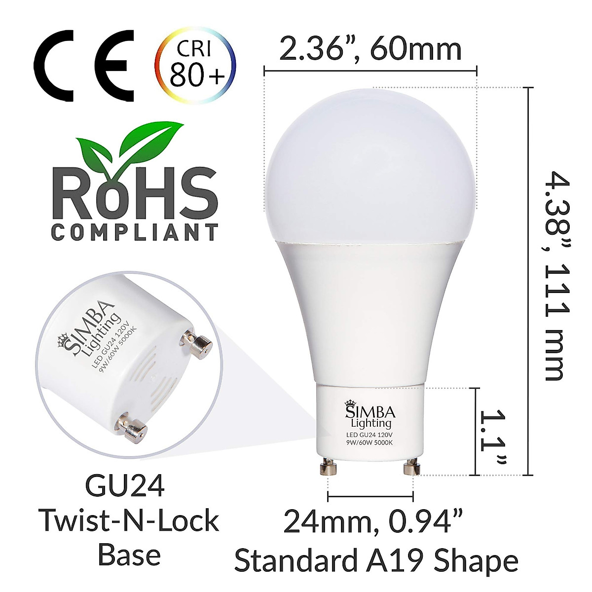 Simba Lighting LED GU24 A19 Light Bulb 9W 60W to 75W Replacement (4 Pack) 120V 2 Prong Twist and Lock Base for Ceiling Lights, Pendants, Outdoor Lanterns, Floor Lamps, Non-Dimmable, 5000K Daylight