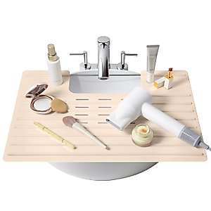 Maplefield Foldable Bathroom Sink Cover for Counter Space, Silicone Sink Topper, Heat Resistant Over Sink Makeup Mat, Small Bathroom Space Creation, Bathroom Space Saver Sink Cover for Makeup, Beige
