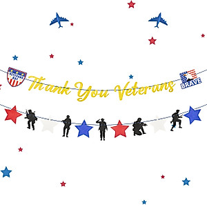 JAPBOR 2Pcs Gold Glitter Thank You Veterans Banner, Memorial Day Patriotic Veterans Day Party Decorations, Glitter Red White Blue Stars Soldiers Veterans Sign Decor Supplies for Home Background Wall