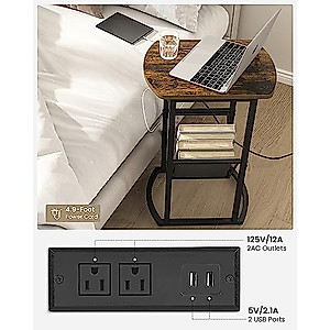 Hzuaneri Side Table with Charging Station, End Table with V-Mesh Magazine Holder, Industrial Record Player Stand with CD Album Storage Shelf, Rustic Brown and Black ET05401B