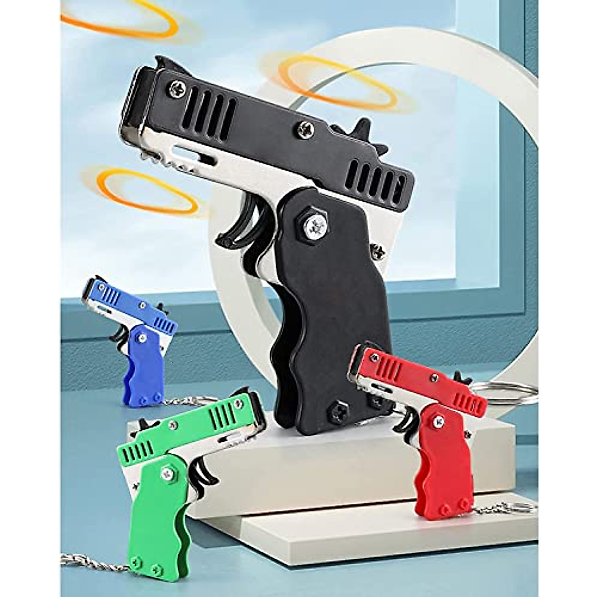 QKUDNGHY Kids Toys Cool Keychain Rubber Band Mini Metal Folding Rubber Launcher Toy with 60 Elastic Rubber Bands for Game Outdoor Activities (Blue)