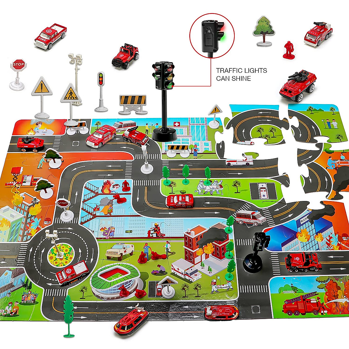 Fire Truck Toy Set,6 Pack Die-cast Fire Engine Model Car Toys,6 Pack Firefighter,Mini Alloy Metal Pull Back Car Toy with Large Jigsaw Fire Rescue Play Mat for Kids Boys Girls Toddler