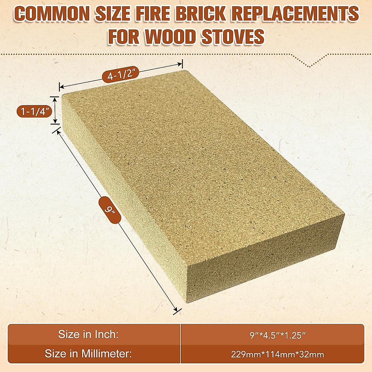 Fire Bricks, FireBrick, High Temperature Insulated Firebricks for Wood Stoves, Fireplaces, Size 9" X 4-1/2" X 1-1/4", Pack of 6, Wood Stove Bricks, Fireplace Brick