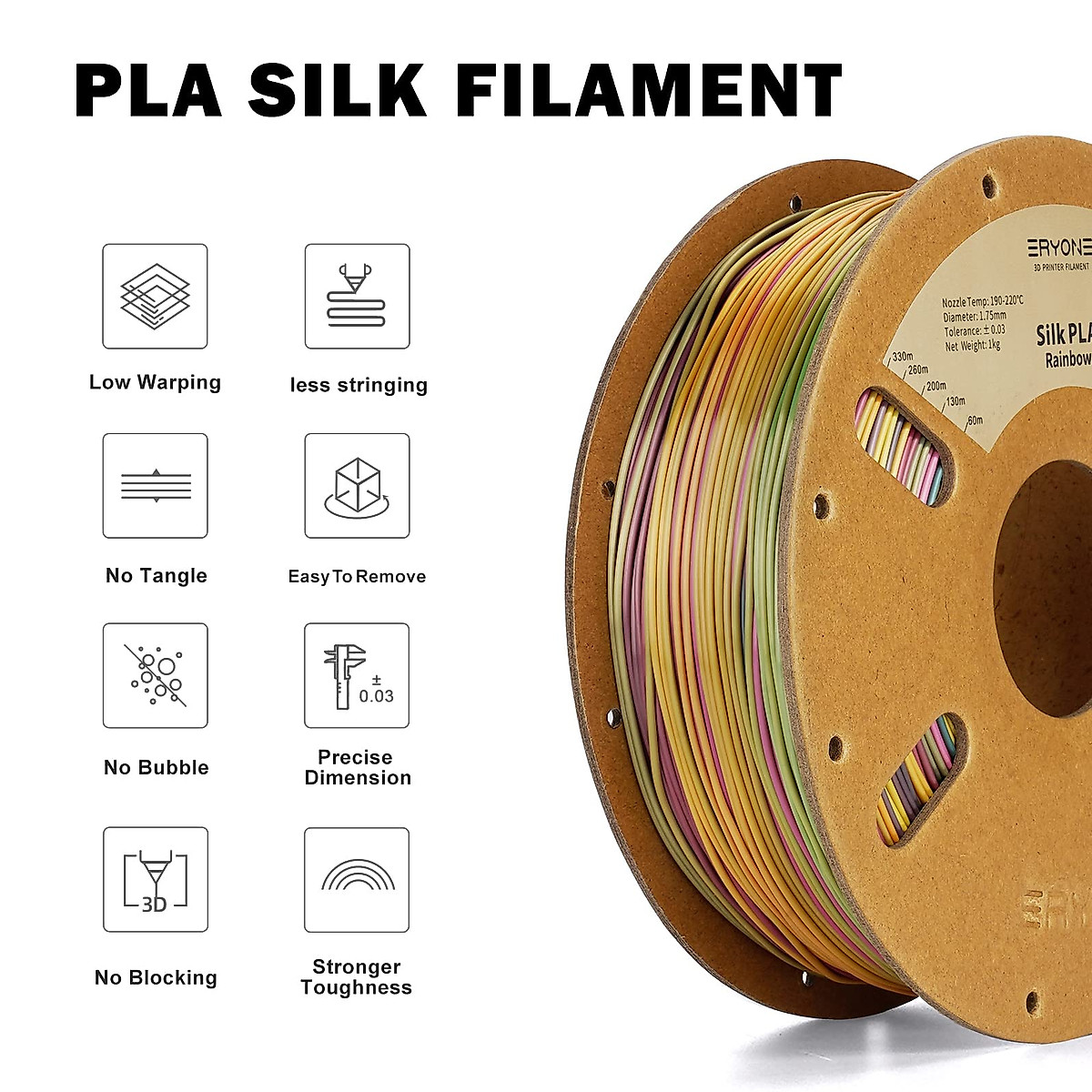 Enisina Silk Rainbow PLA Filament 1.75mm with Gradient Five Colors，Compatible for FDM 3D Printer