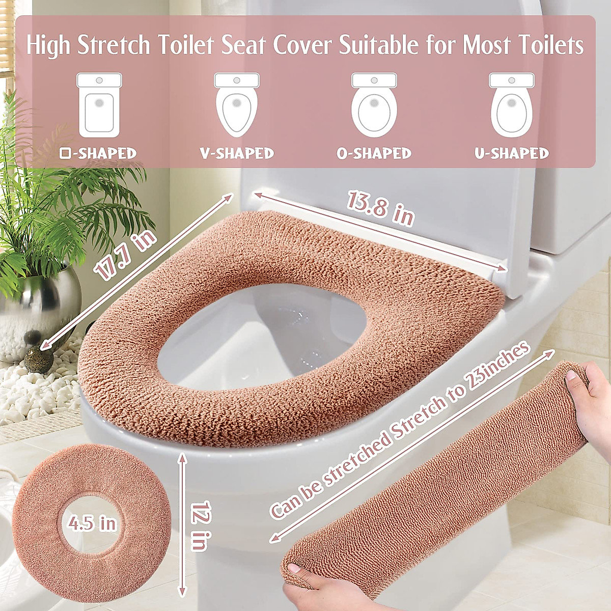 Legigo 5 Pack Thicker Bathroom Toilet Seat Cover Pads- Soft Warmer Toilet Seat Cushion Cover Stretchable Washable Fiber Cloth, Easy Installation Comfortable Toilet Lid Seat Cover(Knit Elongated Light)
