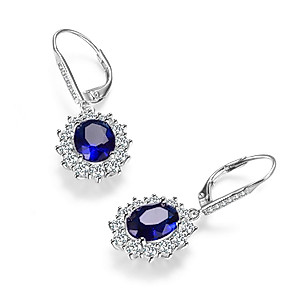 YFN Sterling Silver Created Oval Cut Birthstone Drop Dangle Women Leverback Earrings (September-Sapphire Earrings)