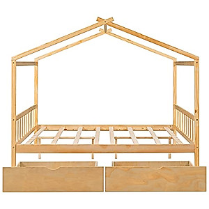 RUNWON Full Size House Platform Bed with Two Drawers,Headboard and Footboard,Roof Design for Kids Adults Bedroom