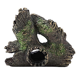 Tiiyee Aquarium Hollow Tree Trunk Ornament, Fish Decor with Moss Artificial Driftwood Polyresin Hideout Decoration Ornament for Fish Tank and Landscape Resin Log Hideaway(ST 004C)