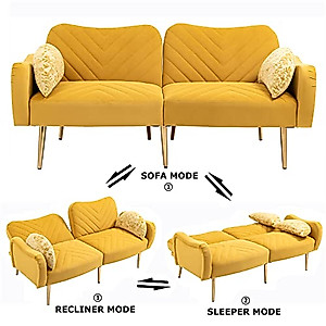 65" Velvet Futon Sofa Bed with 2 Pillows, Modern Accent Sofa Comfy Upholstered Sofa Loveseat Sleeper Bed Couch 2 Seater Folding Sofa for Small Space (Mustard)