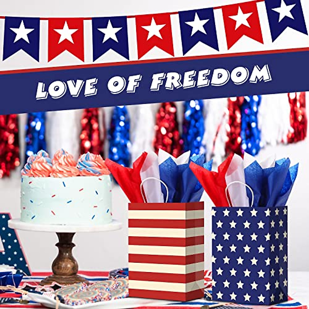 16 Pieces Patriotic Gift Bags with Handle with 18 Pcs Tissue Paper 4th of July Gift Bags American Flag USA Gift Bags for Veterans Day Memorial Day Independence Day Party (Retro Style)