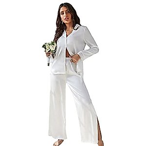 OYOANGLE Women's 2 Piece Silk Satin Pajama Set Long Sleeve Lace Button Down Shirt and Pants Sleepwear White L