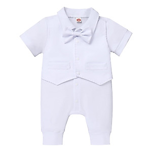 Summer Baptism Outfits for Boys Baby Boy Gentleman Suit Christening Outfit Dedication White Dress Shirt Romper Bowtie Infant Baptismal Outfit Easter Wedding Tuxedo Formal Suit All White 3-6 Months