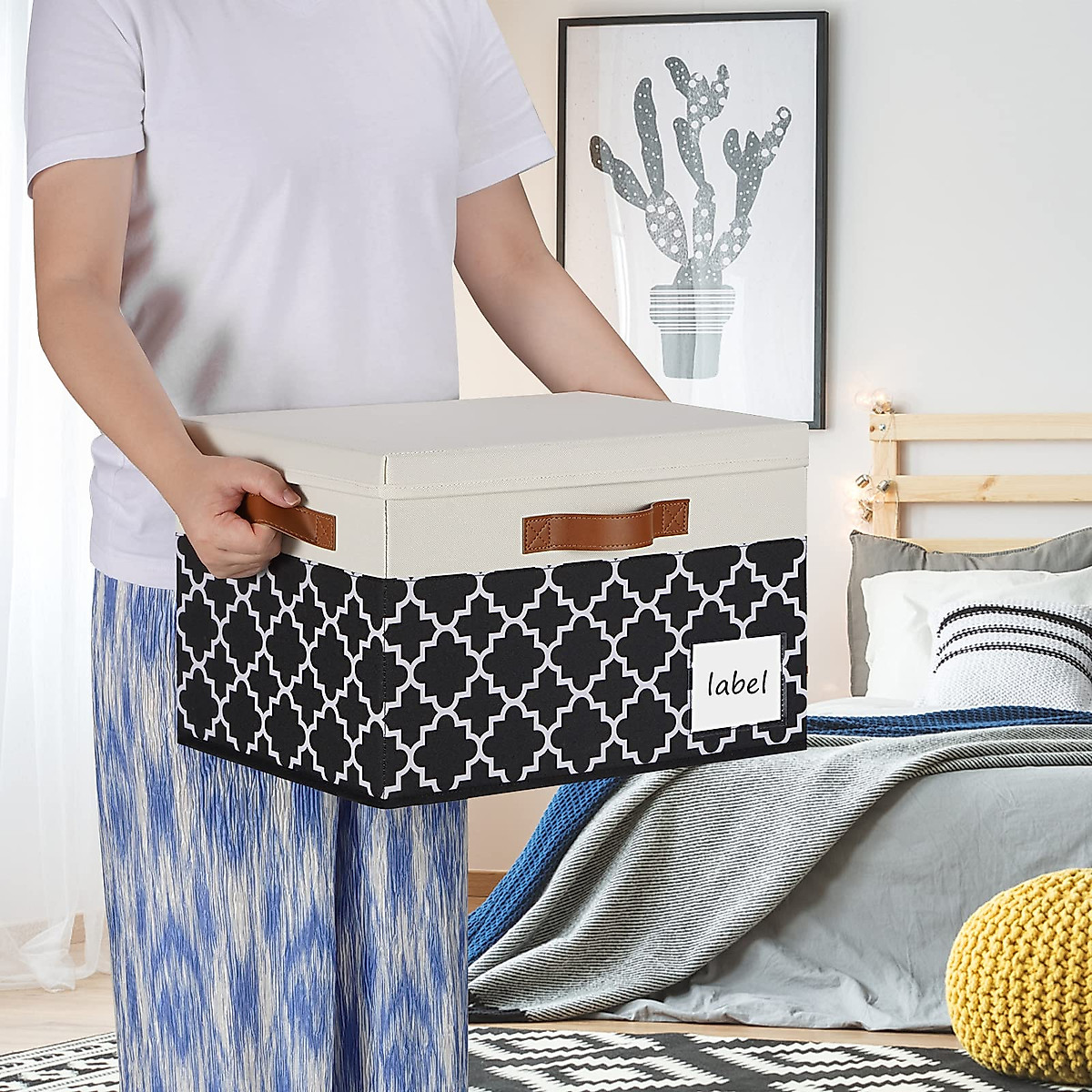 PFFVRP Large Storage Bins with Lids, Foldable Fabric Storage Baskets with Lids 6-Pack, Sturdy Storage Boxes with Labels and 3 PU Handles for Closet Home Bedroom Office (26L, Black Plaid&White)