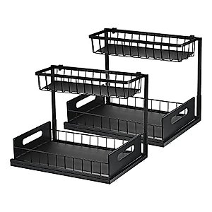 uxcell 2 Set Under Sink Organizers and Storage, 2 Tier Sliding Bathroom Cabinet Organizer Pull Out Kitchen Cabinet Organizer, Multi-Purpose Basket Organizer Drawer, White
