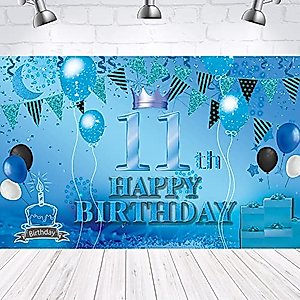 Happy 11th Birthday Backdrop Banner Blue 11th Sign Poster 11 Birthday Party Supplies for Anniversary Photo Booth Photography Background Birthday Party Decorations, 72.8 x 43.3 Inch