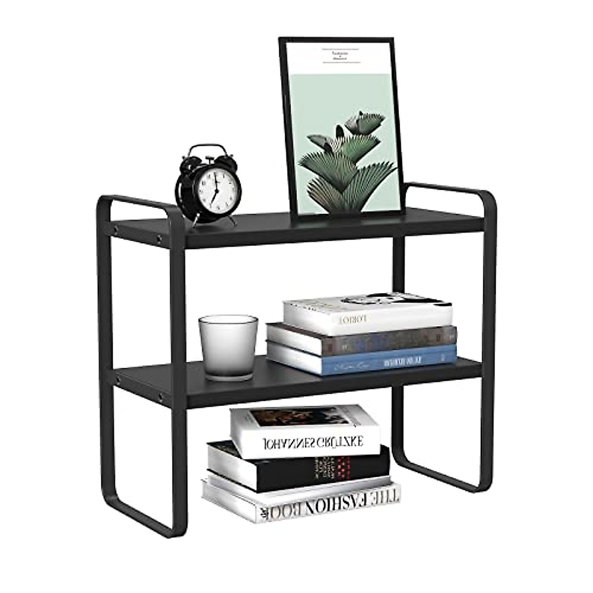 Modern 2 Tier Metal and Wood Storage Shelf - Multi-Purpose Bookshelf and Organizer for Home and Office - Easy Assembly, Stylish and Space-Saving Design in Black